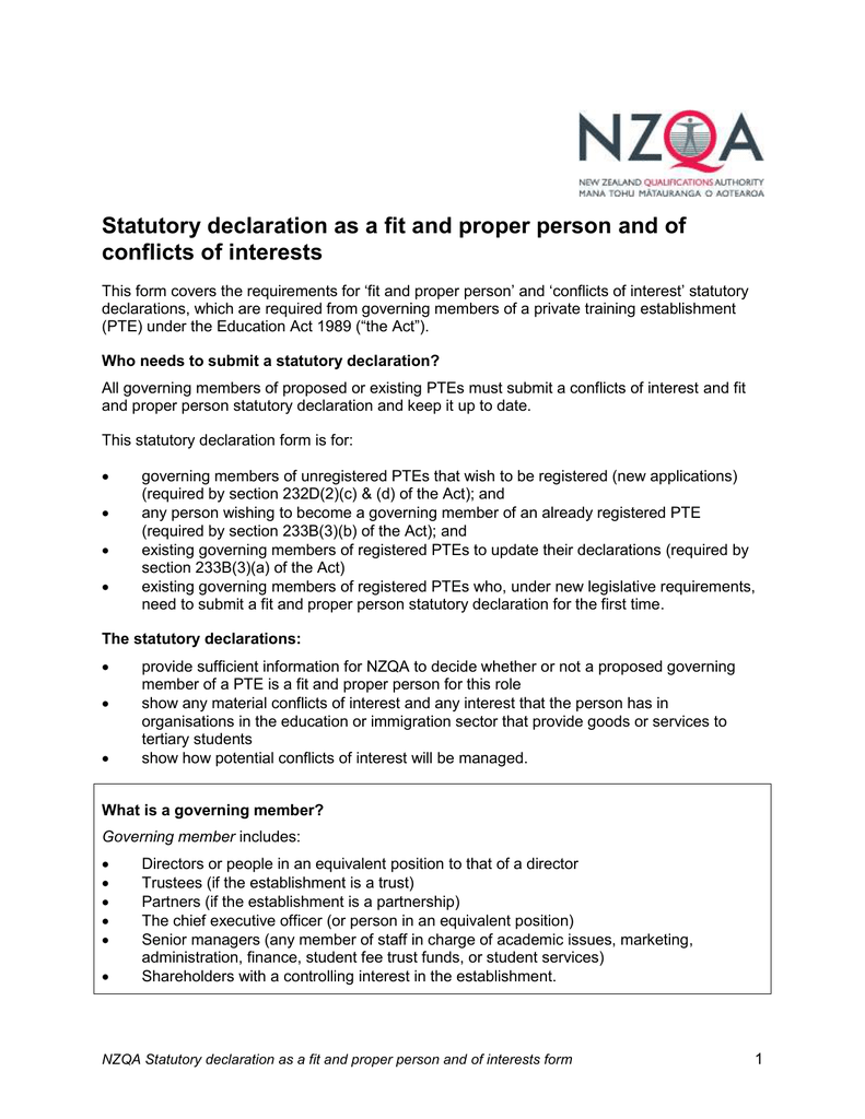 Statutory Declaration As A Fit And Proper Person And Of