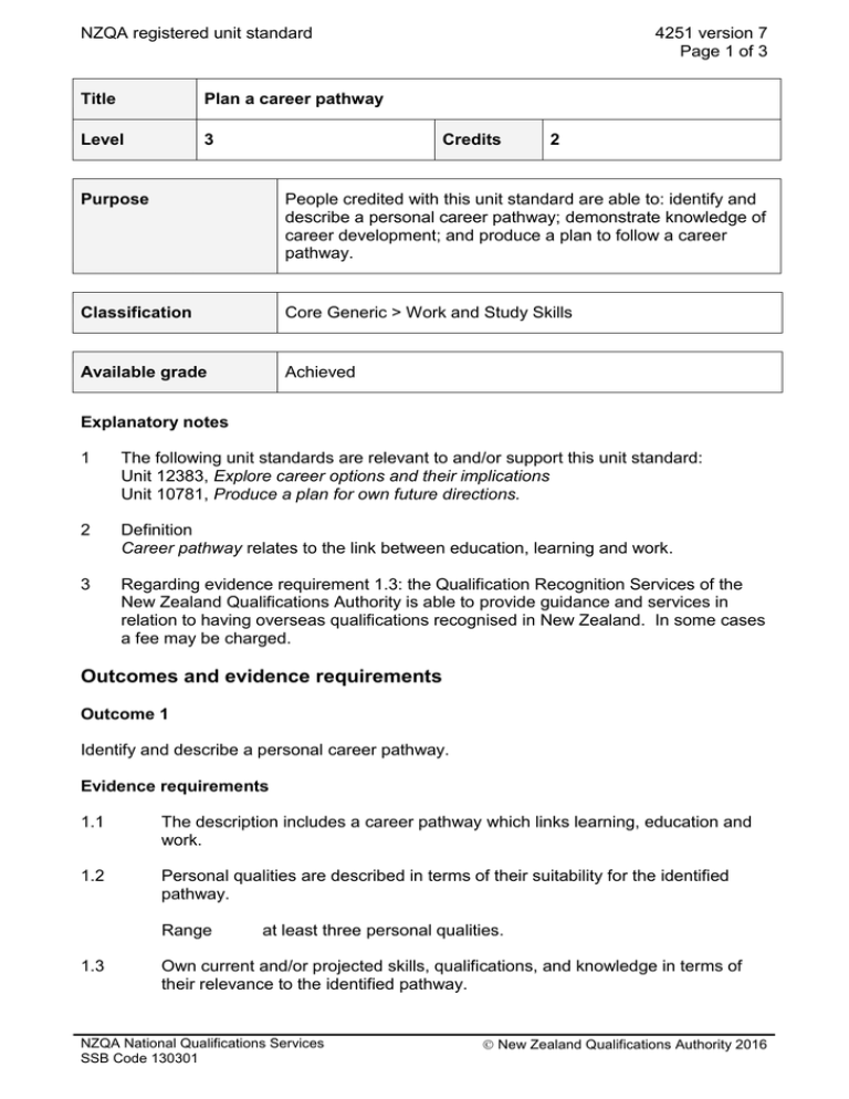 Plan a Career Pathway: NZQA Unit Standard 4251