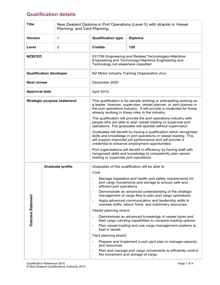 Qualification details Planning, and Yard Planning