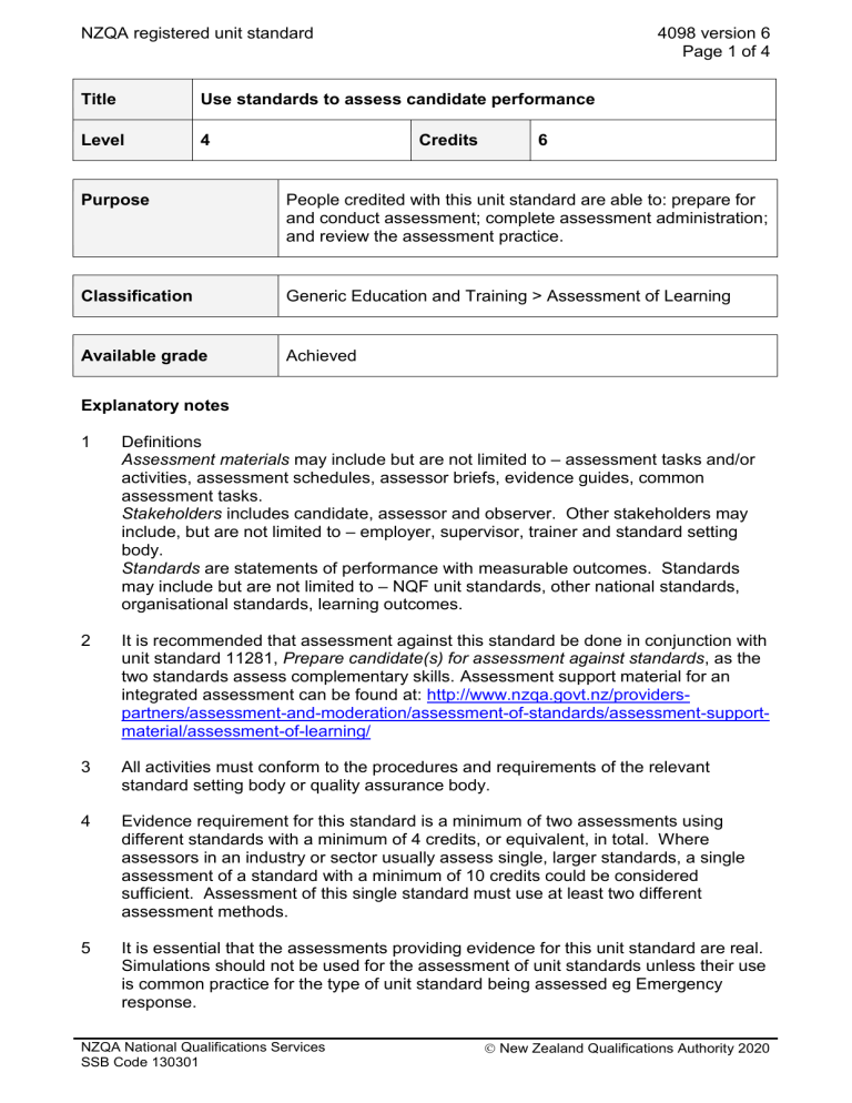 NZQA Unit Standard 4098: Assess Candidate Performance