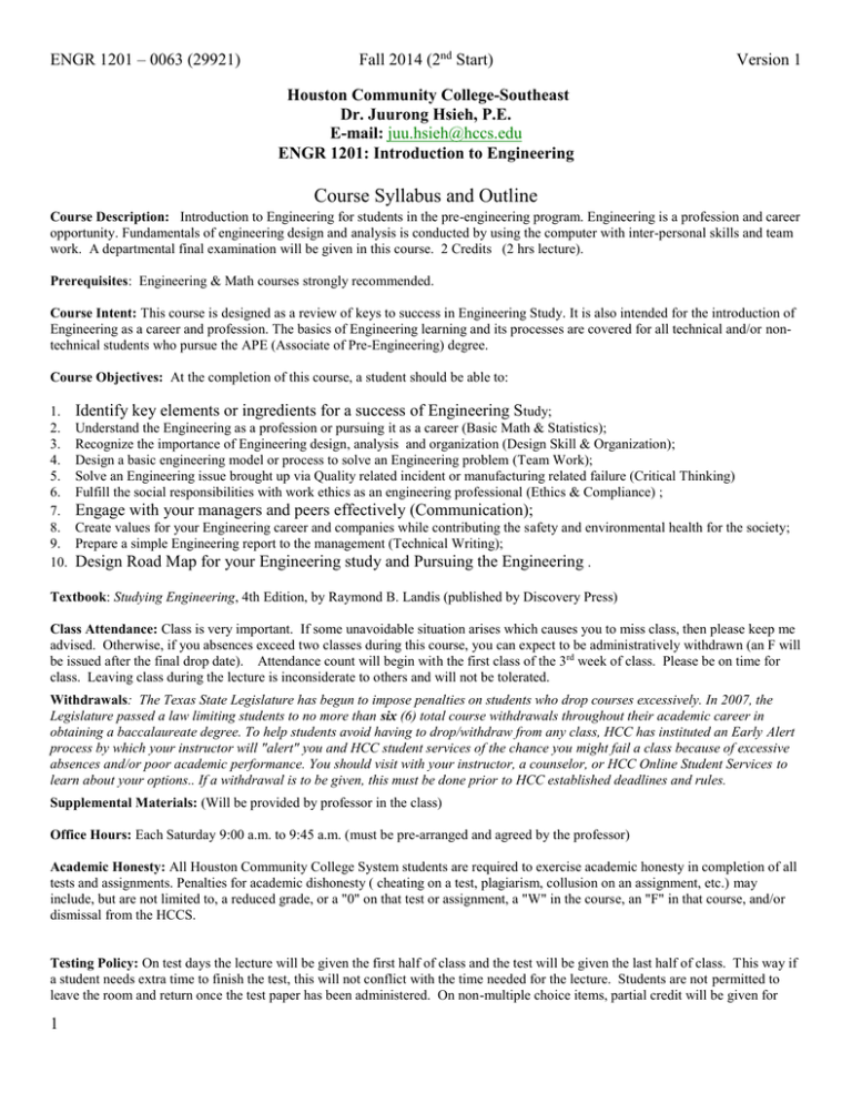 ENGR 1201 Syllabus HCC Fall 2014 Rev 1.doc