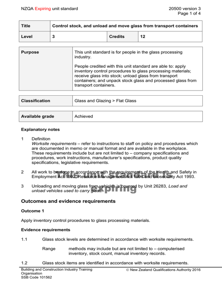 NZQA Unit Standard 20500 Version 3 NZQA Unit Standard 20500 Version 3