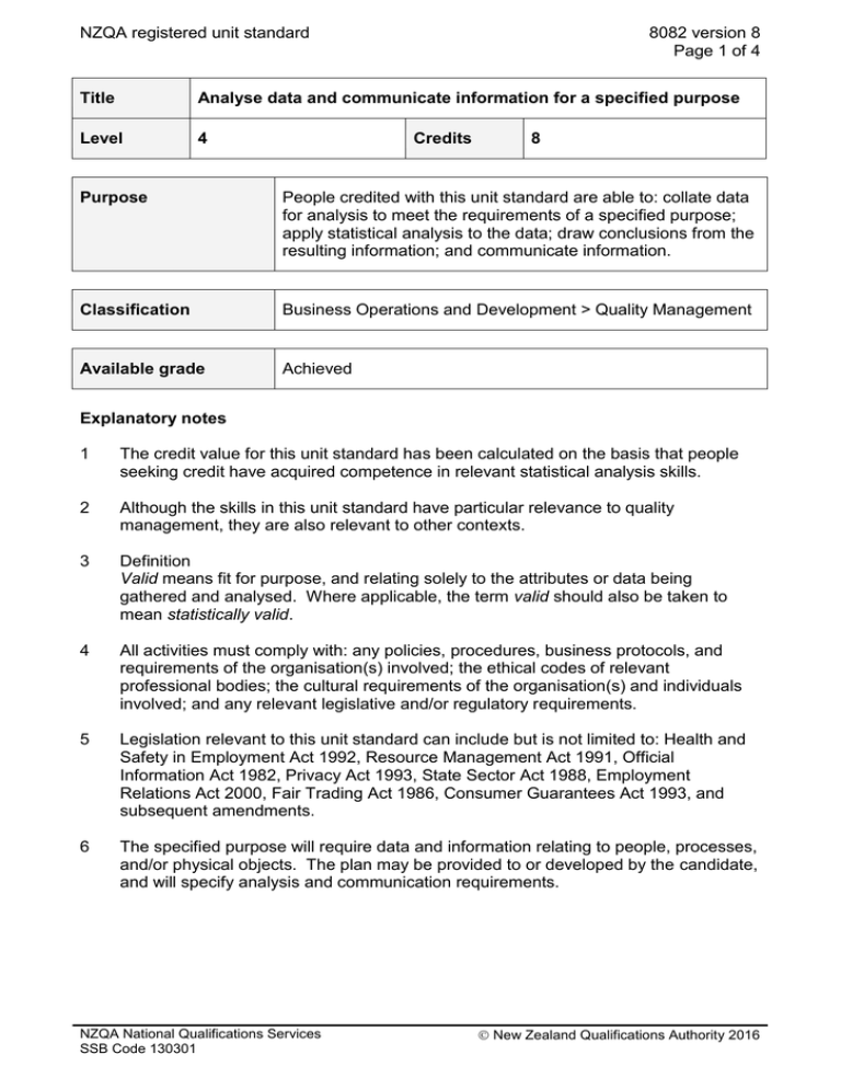 NZQA registered unit standard 8082 version 8 Page 1 of 4