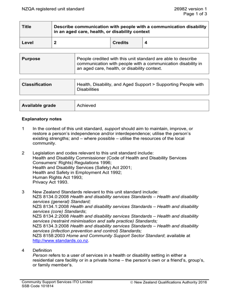 NZQA registered unit standard 26982 version 1 Page 1 of 3