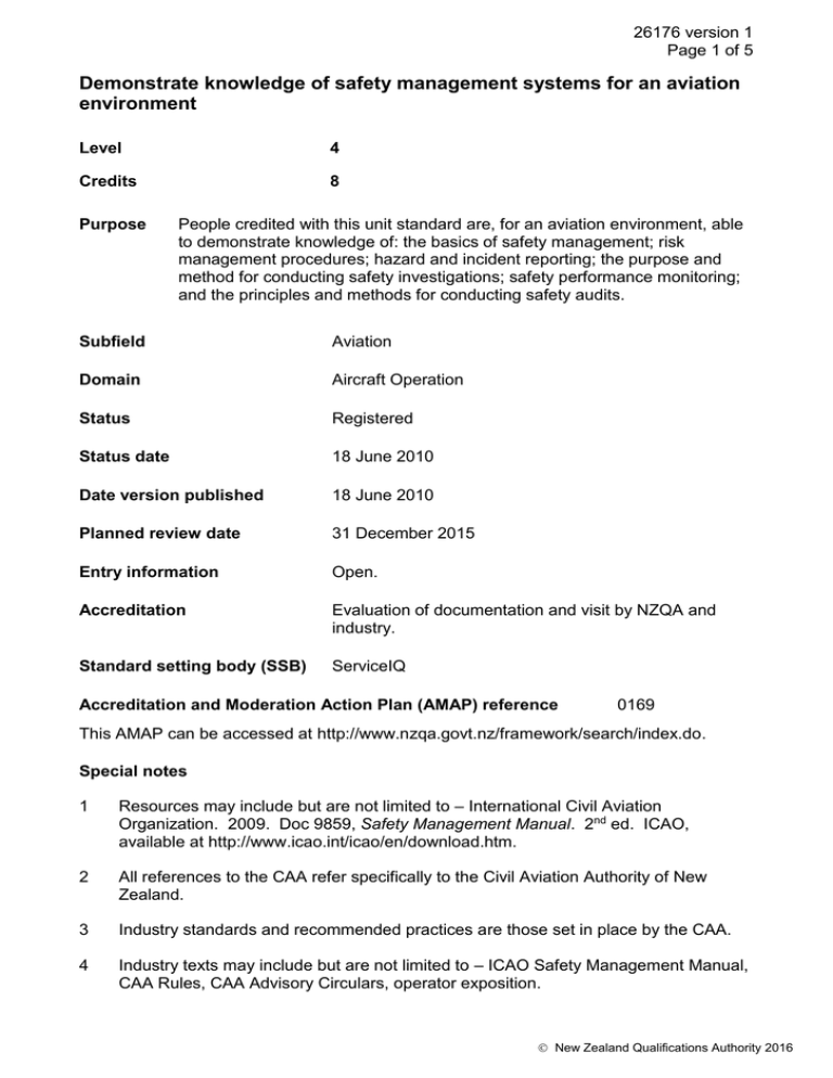 Demonstrate knowledge of safety management systems for an aviation ...