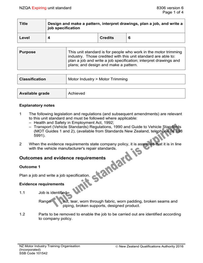 NZQA Unit Standard 8306 Version 6 NZQA Unit Standard 8306 Version 6