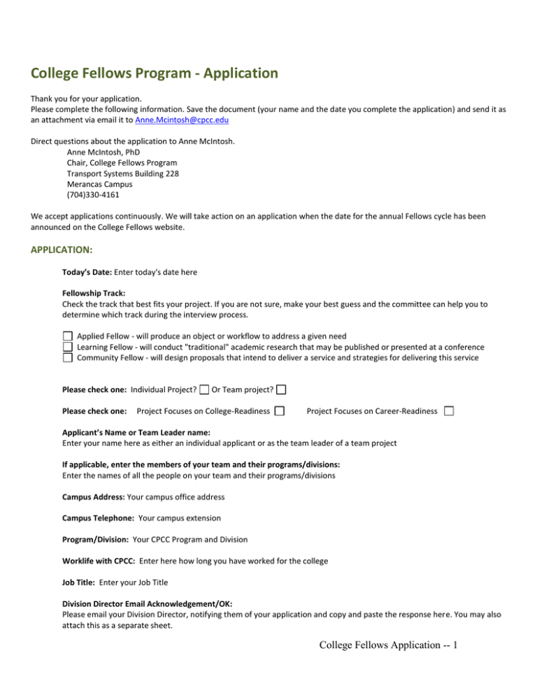 College Fellows Program Application