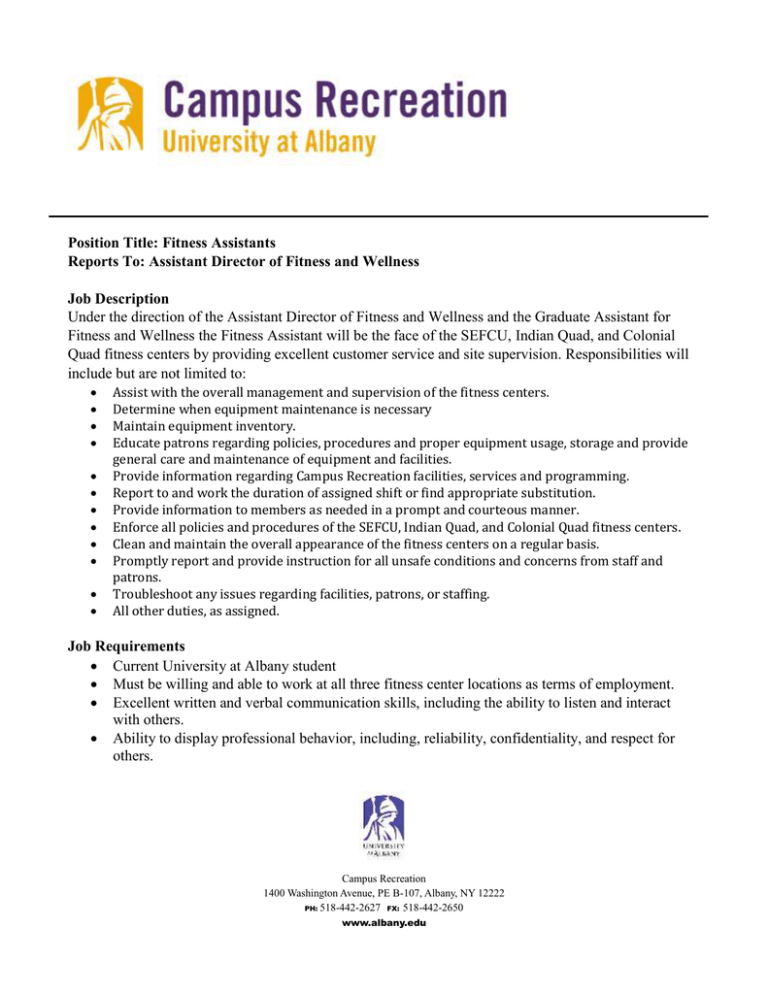 Position Title: Fitness Assistants Job Description