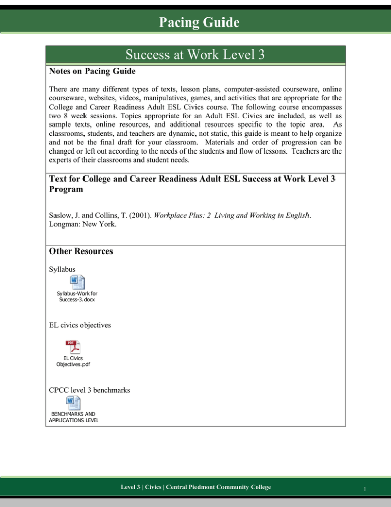 Pacing Guide Success at Work Level 3 Notes on Pacing Guide