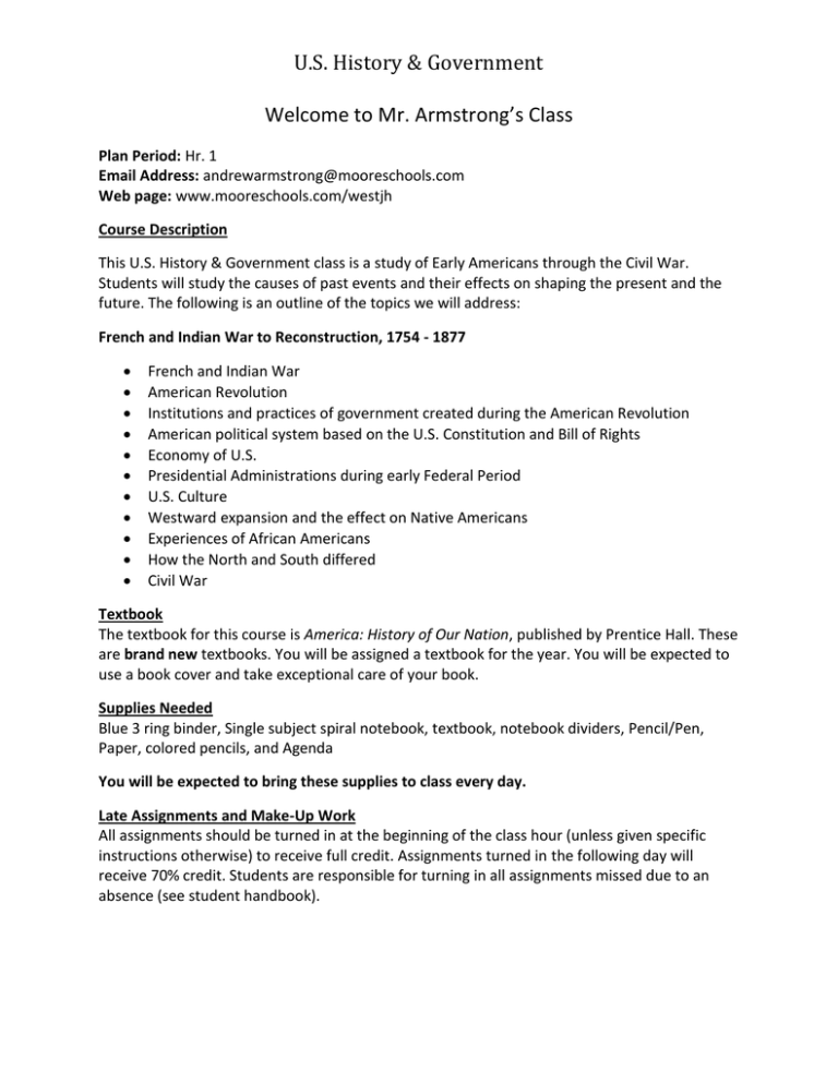 8th Grade U S History Syllabus