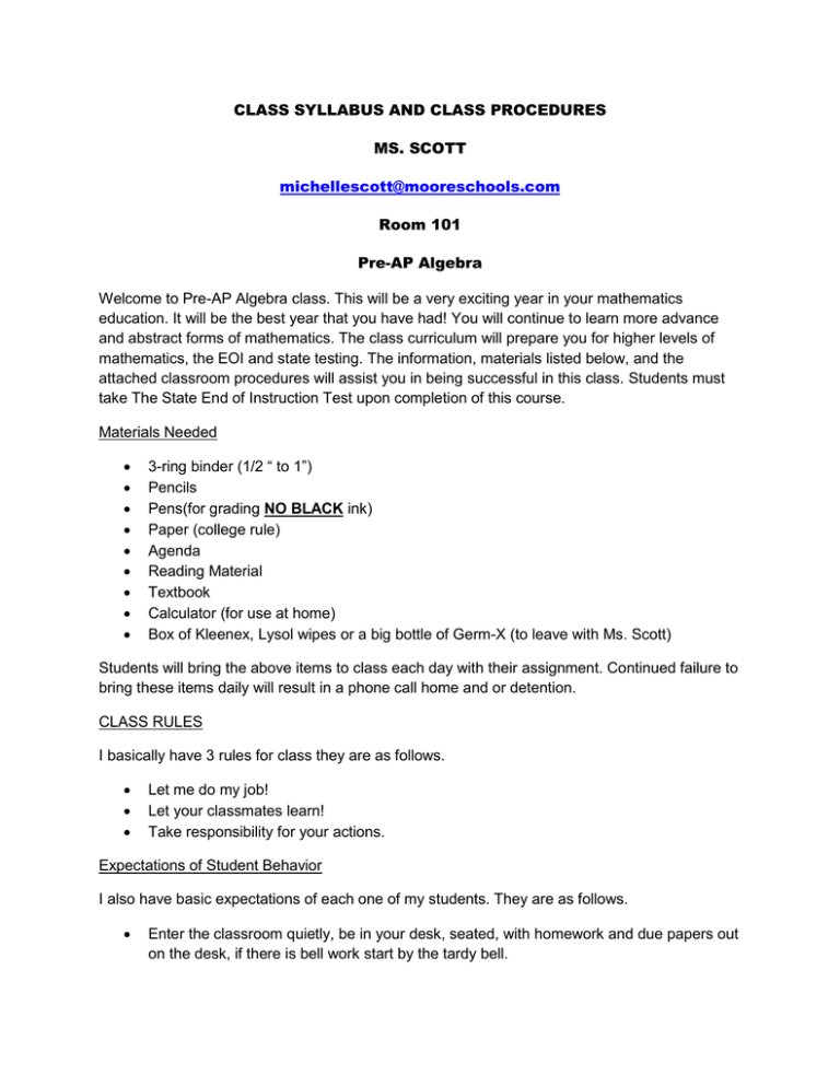 Pre Ap Algebra Syllabus