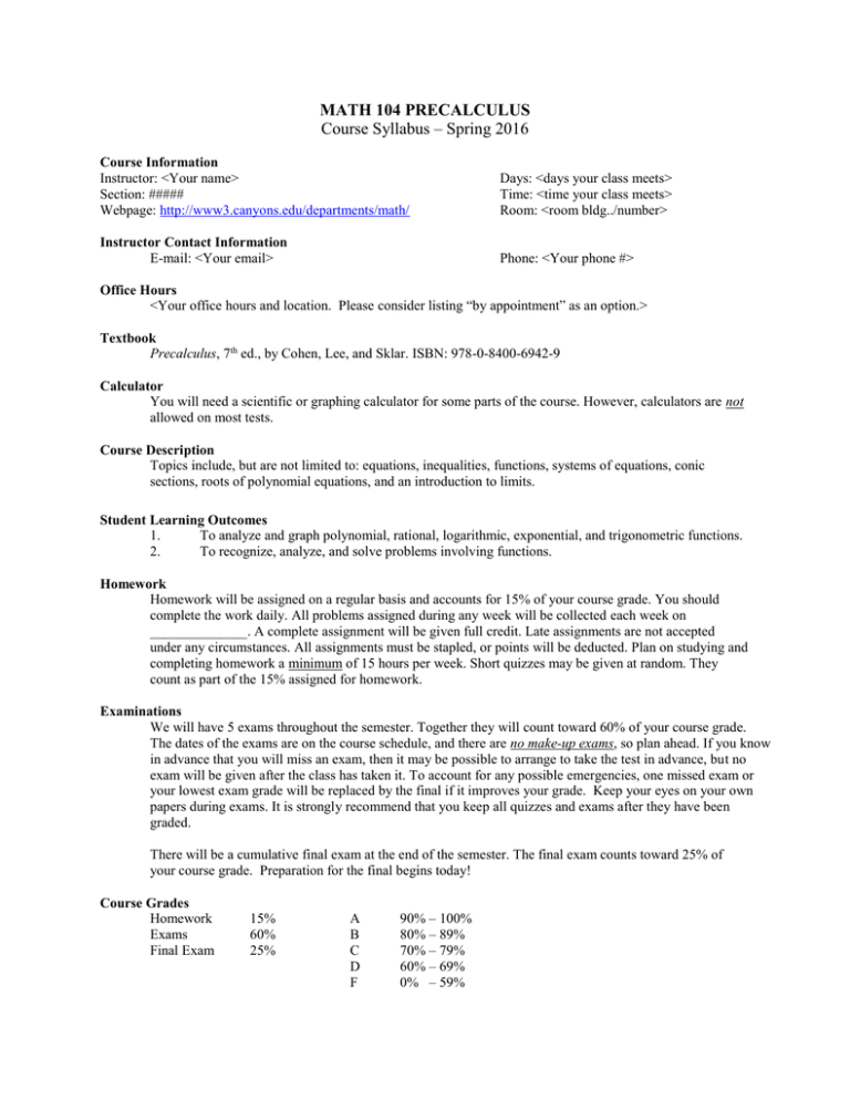 MATH 104 PRECALCULUS Course Syllabus Spring 2016