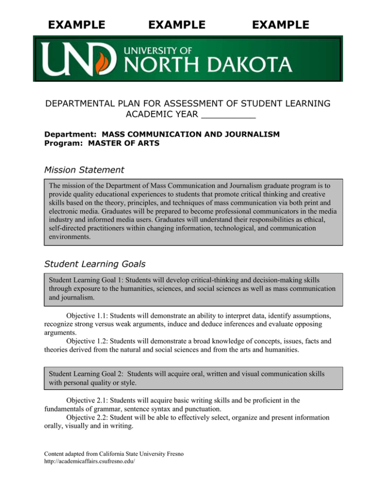 EXAMPLE DEPARTMENTAL PLAN FOR ASSESSMENT OF STUDENT LEARNING ACADEMIC EXAMPLE DEPARTMENTAL PLAN FOR ASSESSMENT OF STUDENT LEARNING ACADEMIC