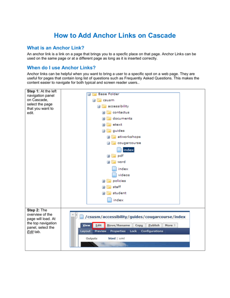 How To Add Anchor Links On Cascade DOC Version