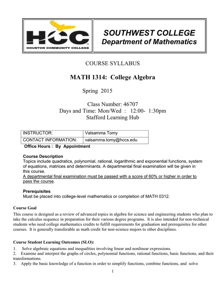 Math 1314 CRN 46707 College Algebra doc Math 1314 CRN 46707 College Algebra doc