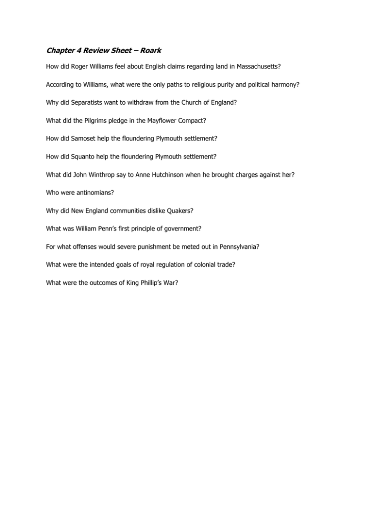 Chapter 4 Review Sheet Roark Chapter 4 Review Sheet Roark