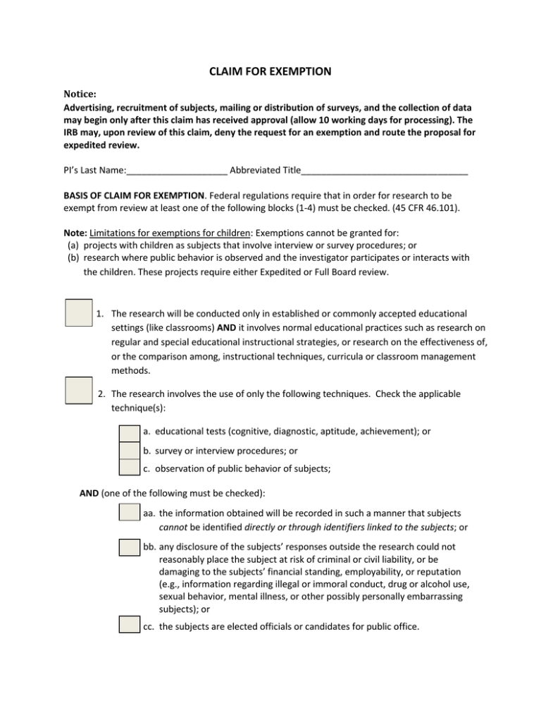 Claim For Exemption Claim For Exemption