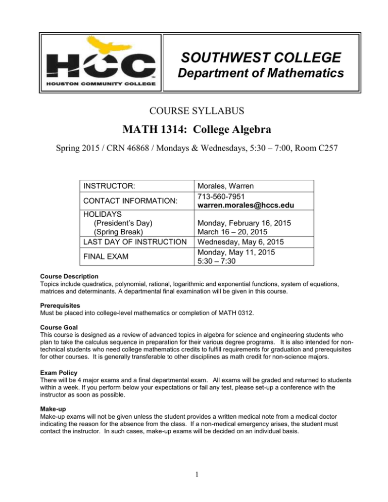 MATH 1314 Syllabus Spring 2015 doc MATH 1314 Syllabus Spring 2015 doc