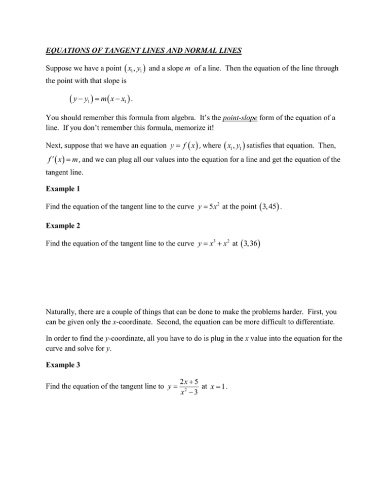 EQUATIONS OF TANGENT LINES AND NORMAL LINES doc