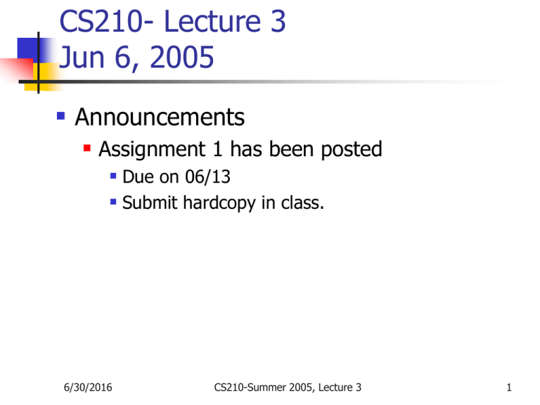 Cs210 Lecture 3 Jun 6 2005 Announcements 8189