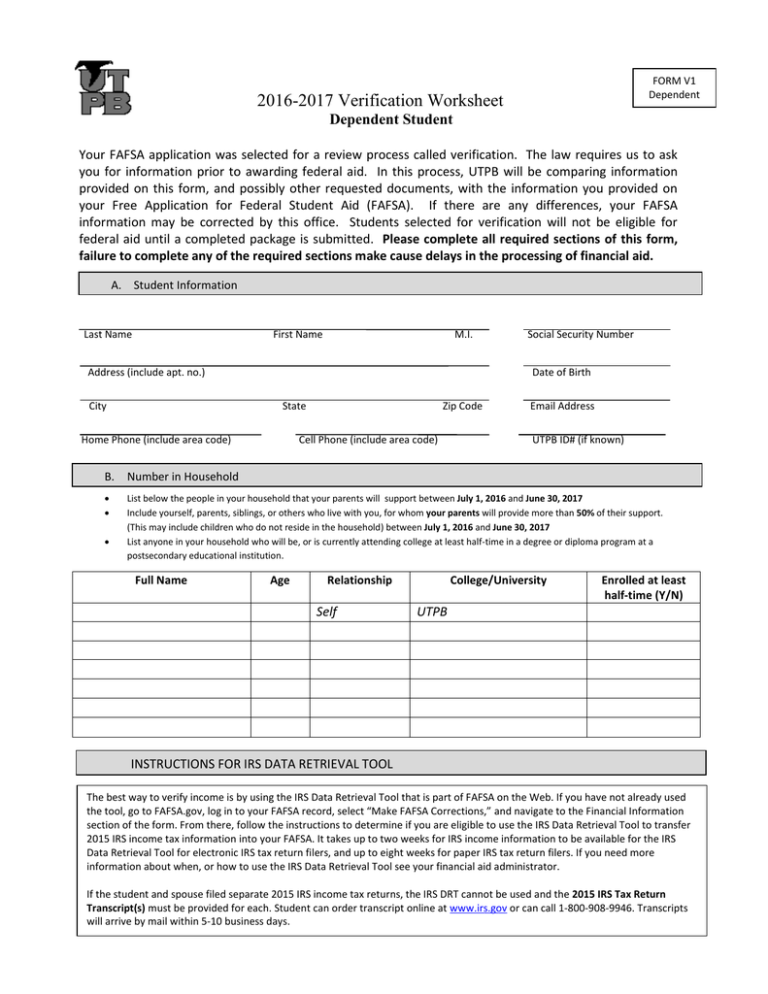 Dependent Verification Worksheet