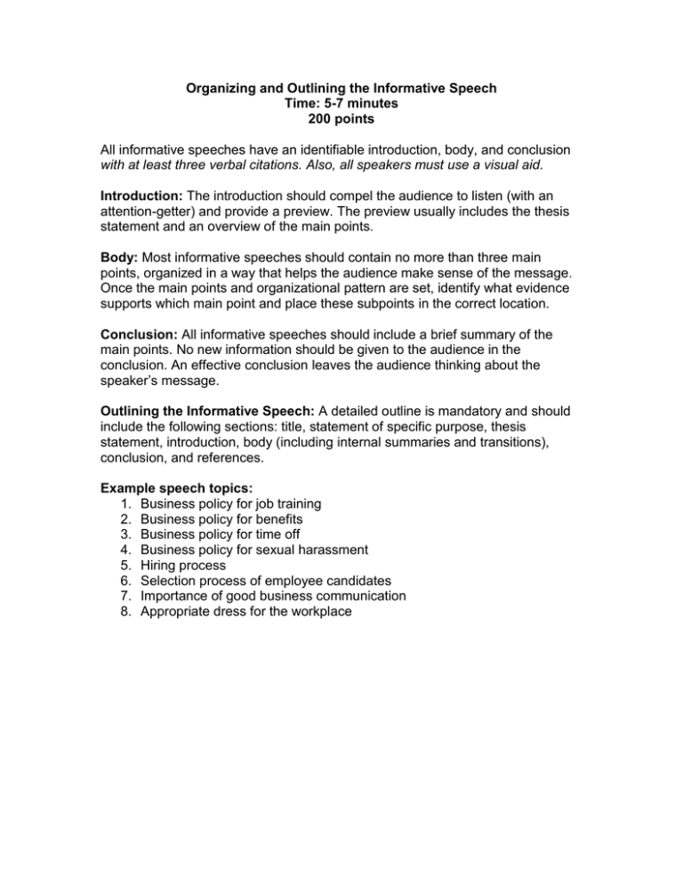 Organizing And Outlining The Informative Speech Time 5 7 Minutes 200 Organizing And Outlining The Informative Speech Time 5 7 Minutes 200
