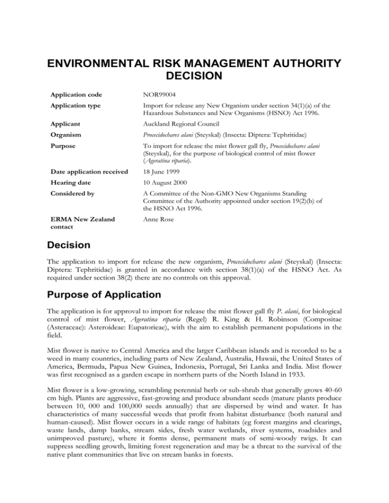 ENVIRONMENTAL RISK MANAGEMENT AUTHORITY DECISION