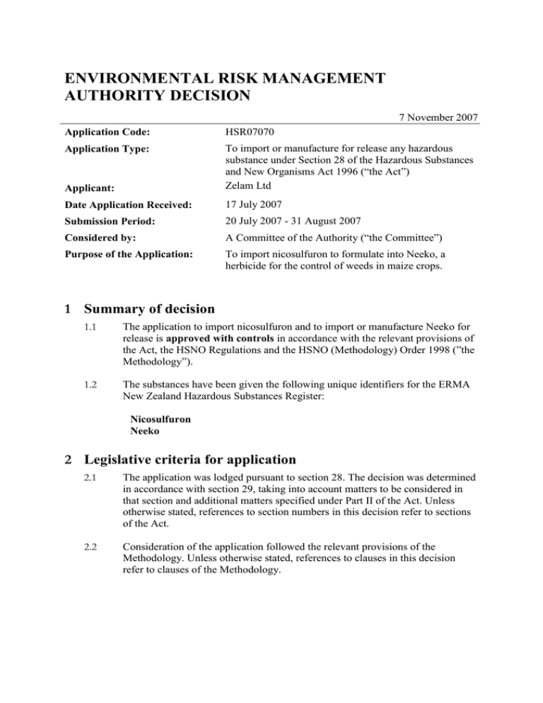 ENVIRONMENTAL RISK MANAGEMENT AUTHORITY DECISION