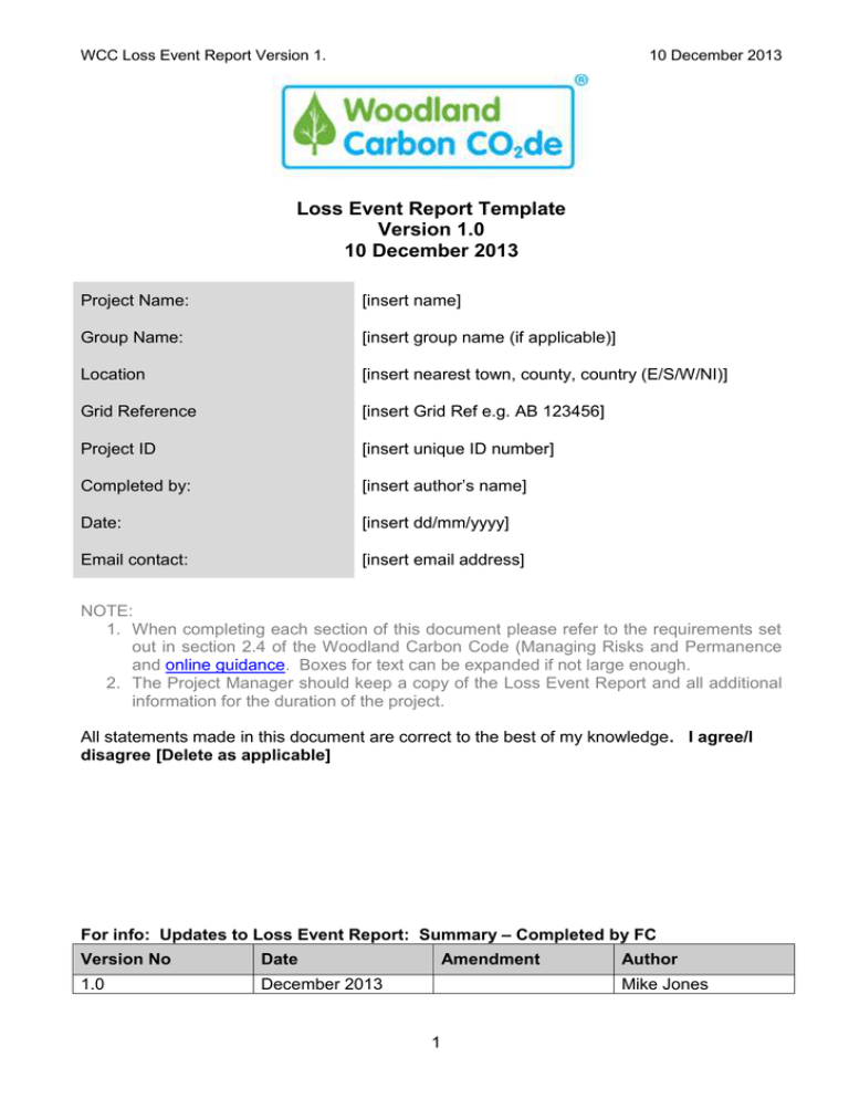 Loss Event Report Template V1 0 Loss Event Report Template V1 0