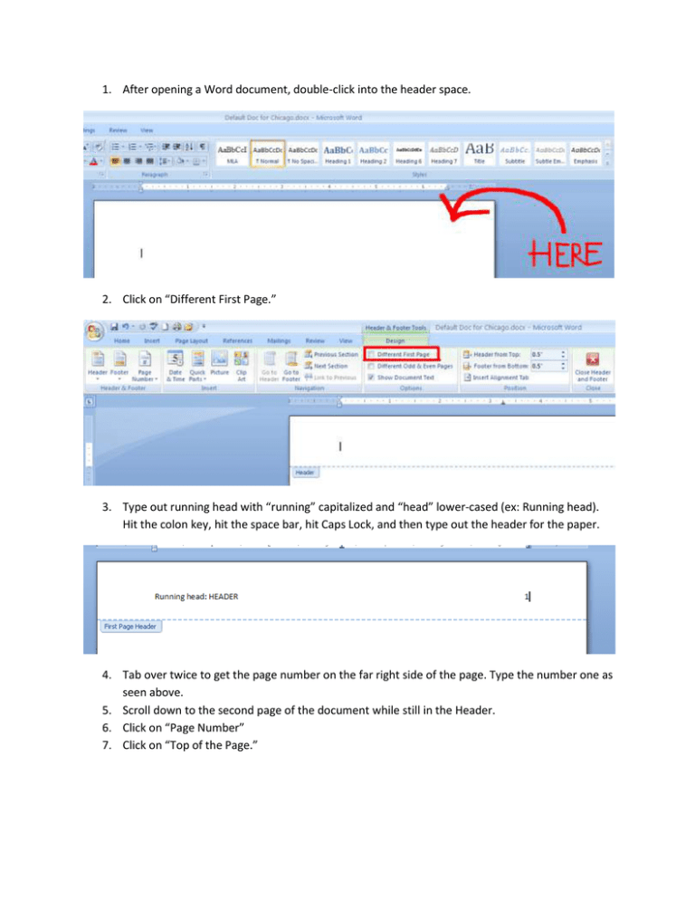 1 After Opening A Word Document Double click Into The 2 Click On Different First Page 