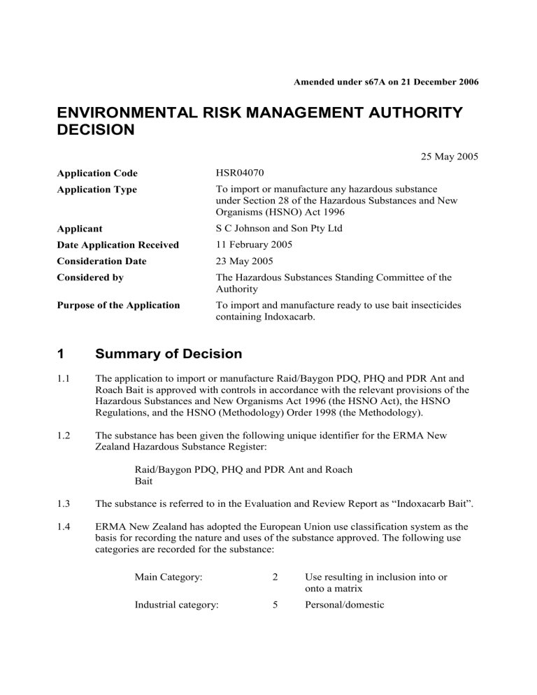 ENVIRONMENTAL RISK MANAGEMENT AUTHORITY DECISION