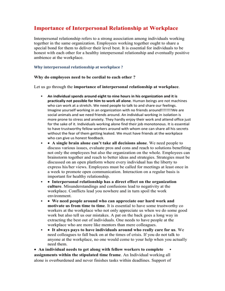 Importance Of Interpersonal Relationship At Workplace