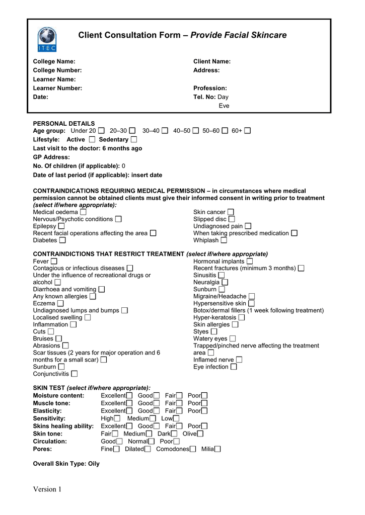 Sample Client Consultation Form Provide Facial Skincare