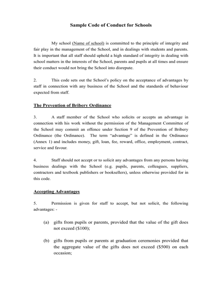 Sample Code Of Conduct For Schools