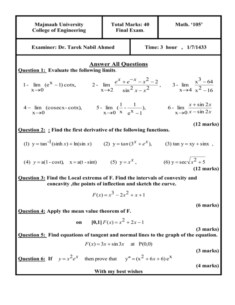 Final Exam Math 105 1433 