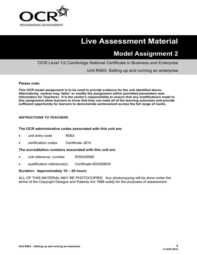 Unit R063 Setting Up And Running An Enterprise Model Assignment 2