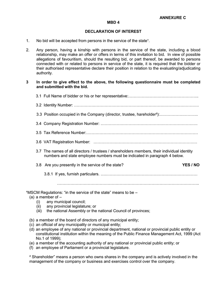 Annexure C Municipal Bidding Document MBD 4 Declaration Of Interest 