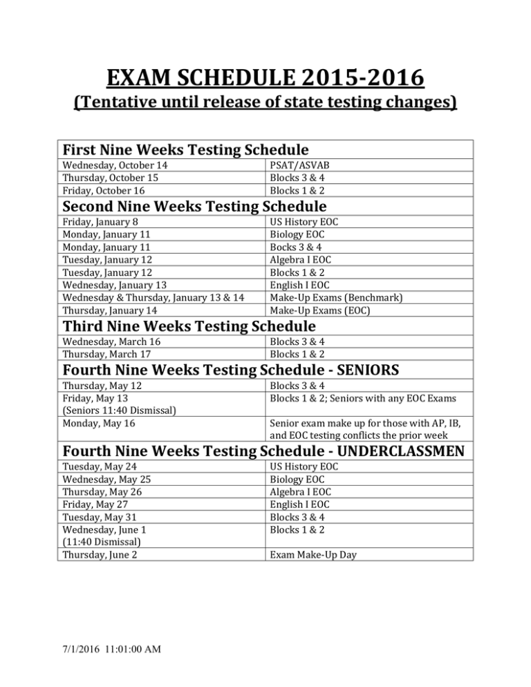 2015 2016 Exam Schedule