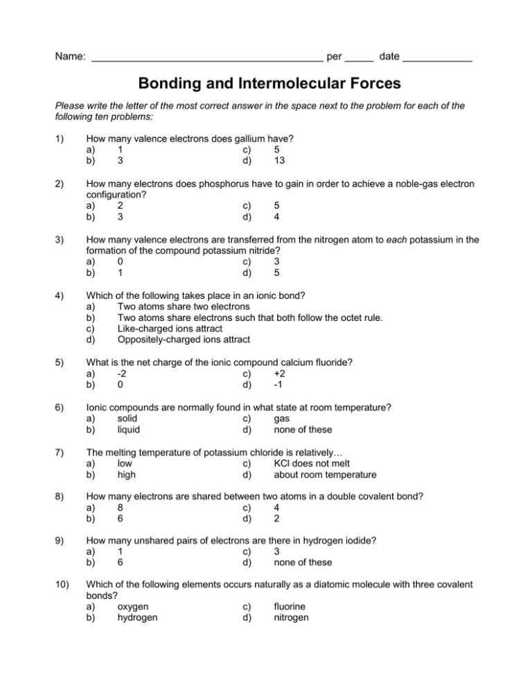 Intermolecular Forces Worksheet