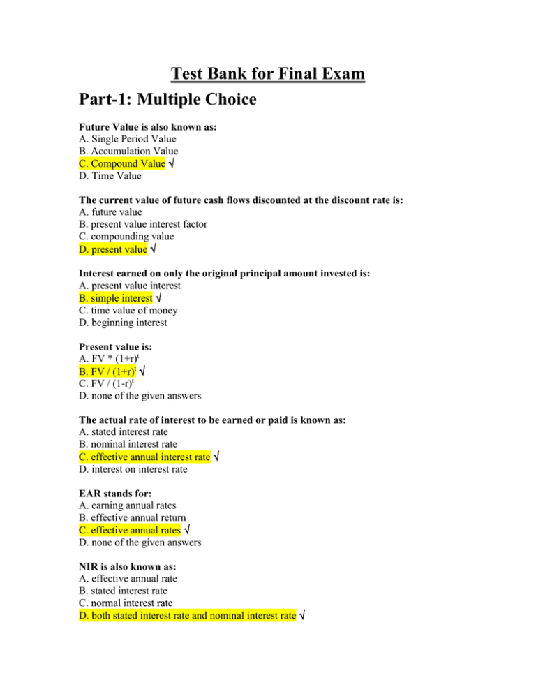 Test Bank For Final Exam FINA252 2016 docx