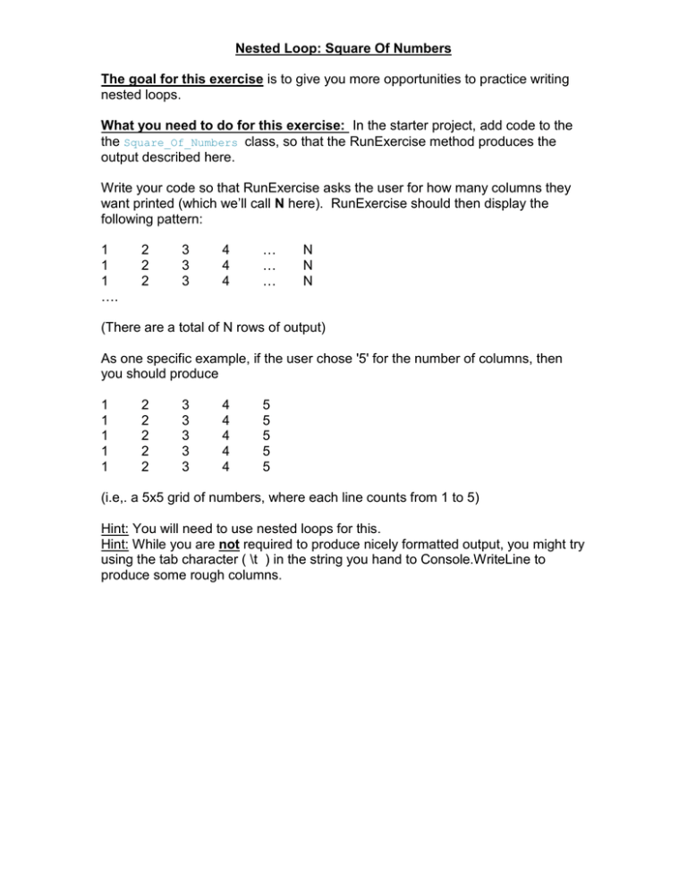 Nested Loops Square Of Numbers