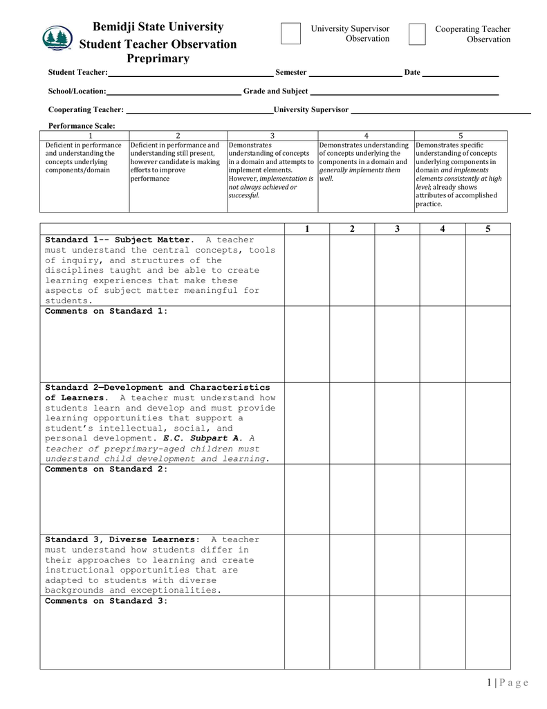 Pre primary Student Teacher Observation Form
