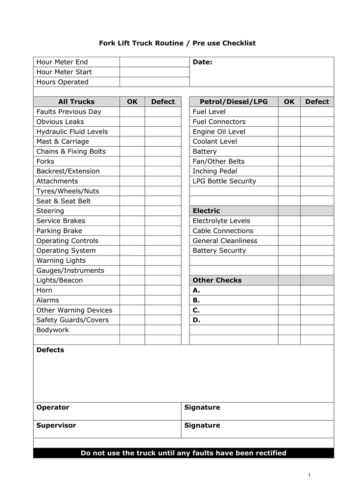 Forklift Operator Daily Checklist Printable