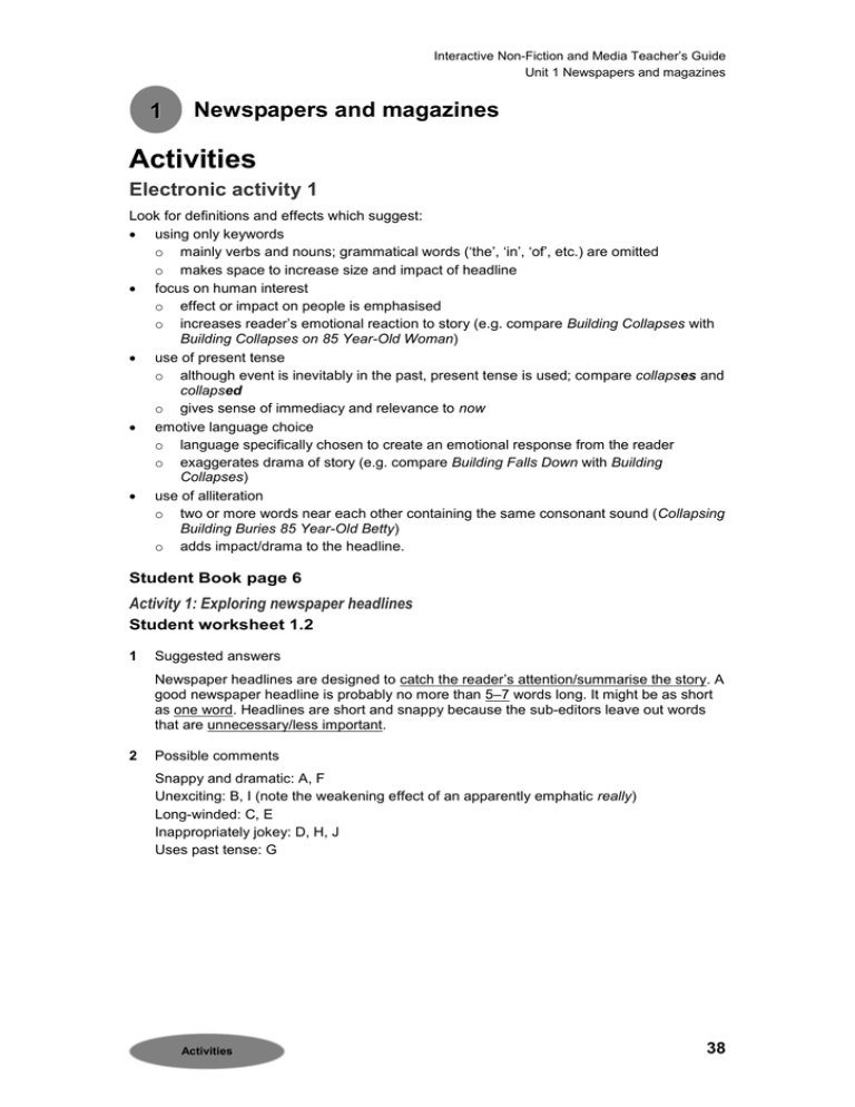 Teacher Guide Unit 1 Activities