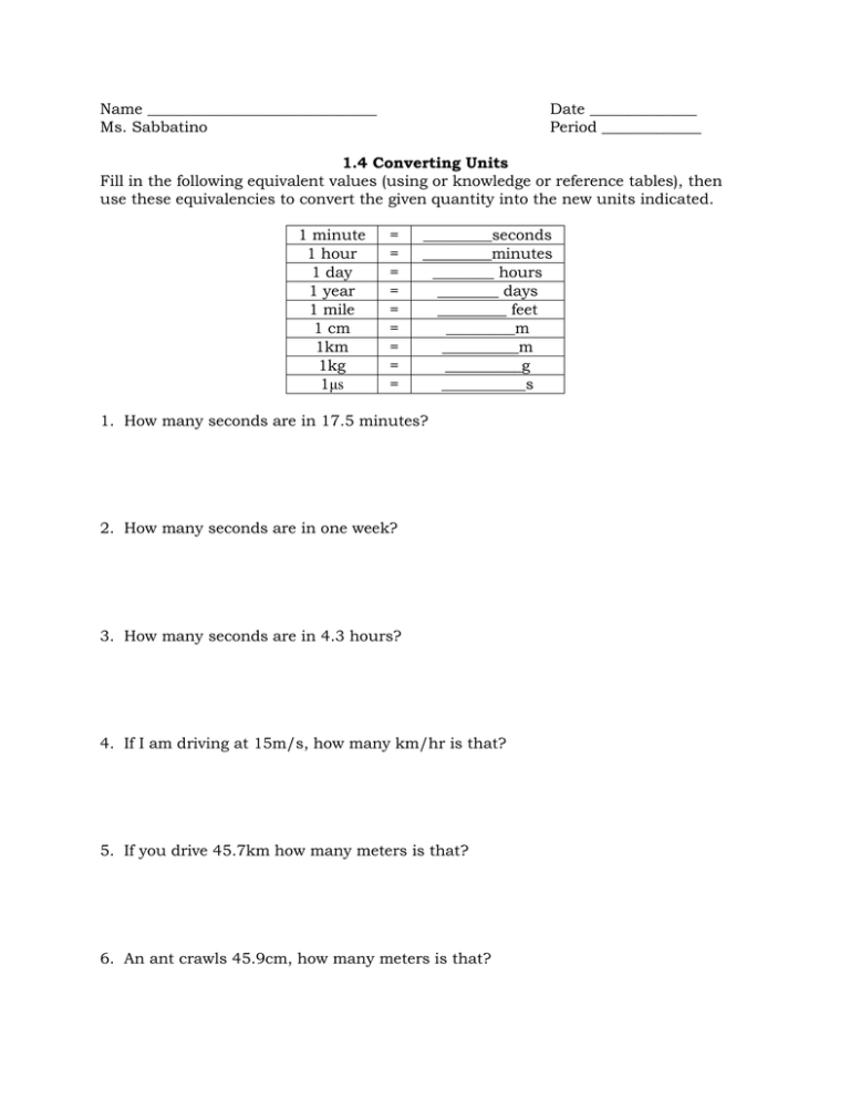 Unit Converting Worksheet