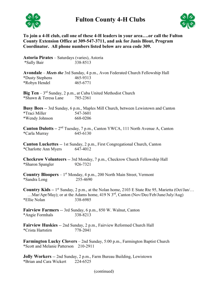 4 H Club Listing