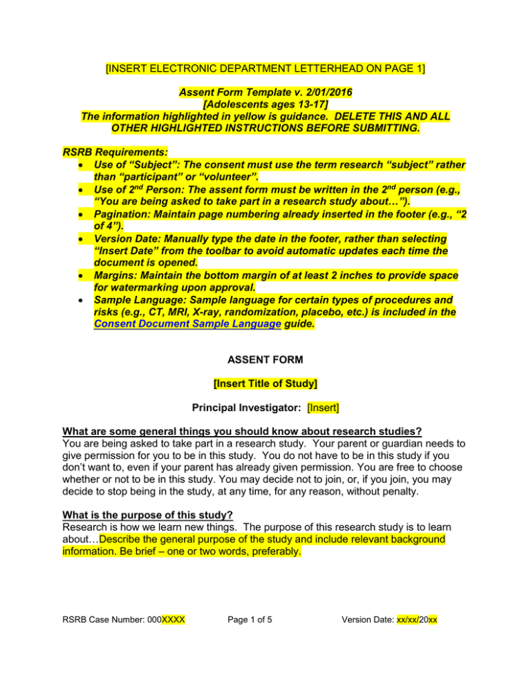 Assent Form For 13 17 Year Olds