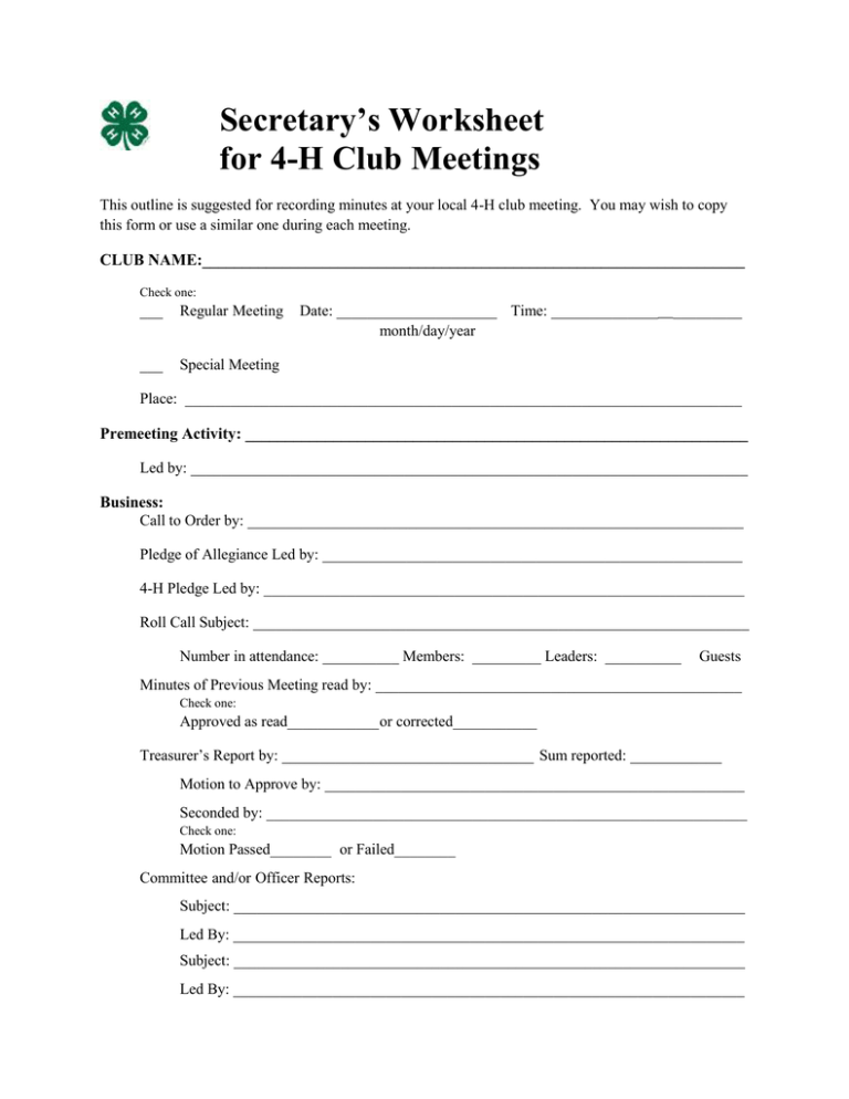 Secretary s Worksheet For 4 H Club Meetings