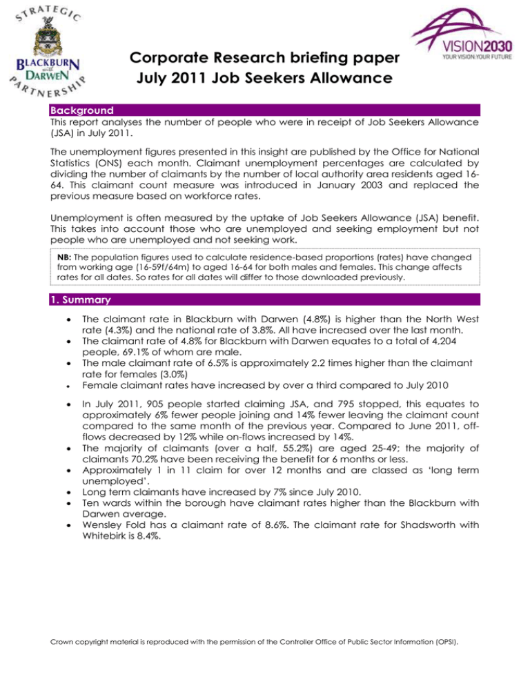 July 2011 JSA Claimant Count