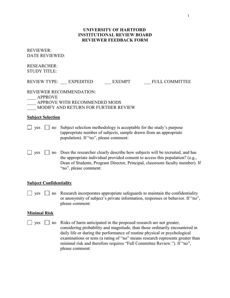 Reviewer Feedback Form (HSC Use Only)